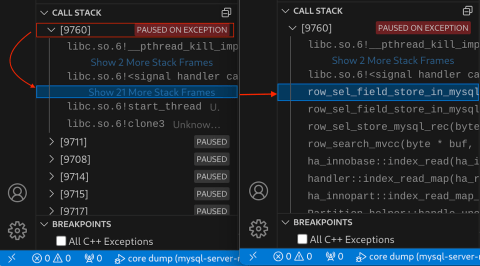 Debugging MySQL Core File in Visual Studio Code