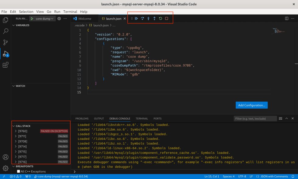 Debugging MySQL Core File in Visual Studio Code